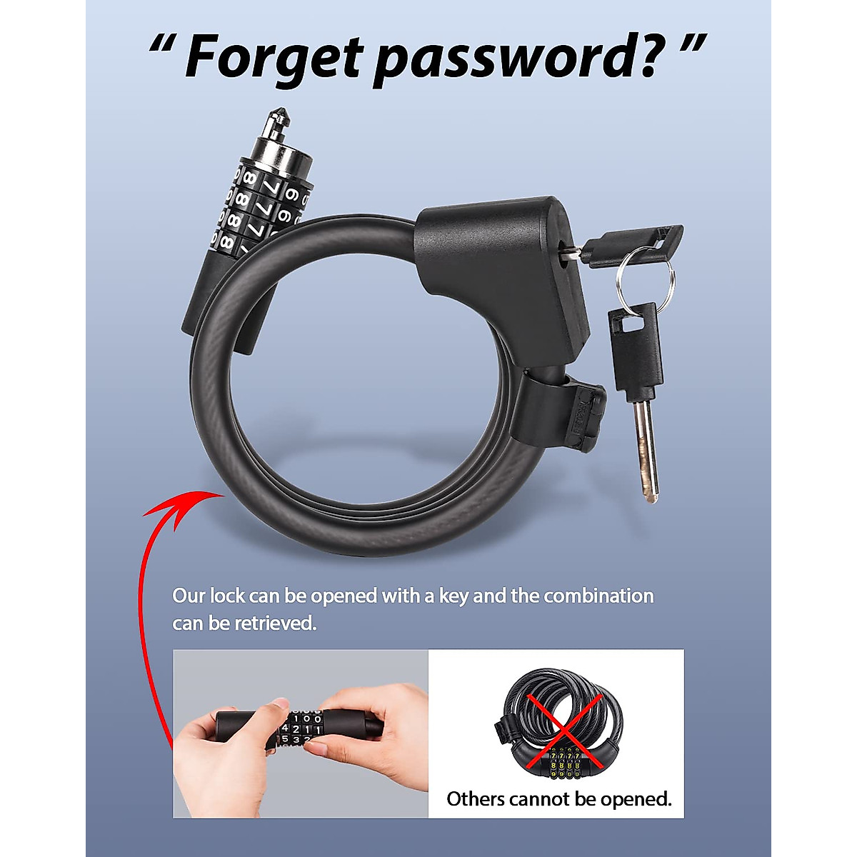 KEYSTP Bike Lock Cable with Combination Key,Password Lost Retrievable Bicycle Lock Anti-Theft,Resettable with Mounting Bracket for Bikes and Scooters