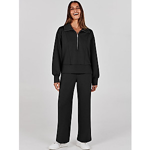 ANRABESS Womens Two Piece Outfits 2024 Fall Sweatsuit Set Half Zip Cropped Sweatshirt Wide Leg Sweatpant Lounge Set Black Medium