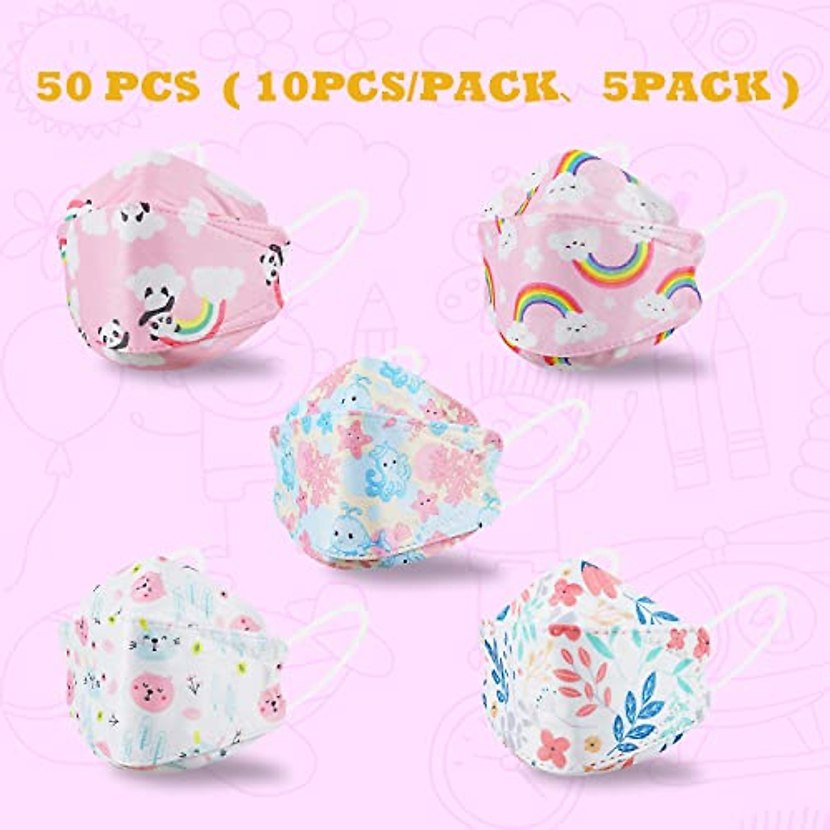 PLAY X STORE 50 PCS Kid Girls'Multicolored KF94 Face Masks with Nose Clip, 4-Ply Breathable Disposable Mouth Masks with Adjustable Earloop for Girls (5 Color with Pattern)