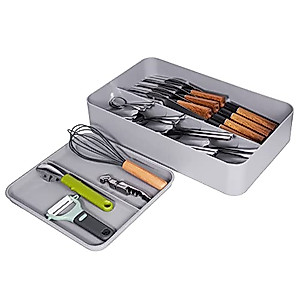 SOMIER 3-in-1 Kitchen Drawer Organizer Flatware Cutlery and Utensil Trays, 2-Tier Knife Holder - 4 Stacked Compartments Silverware Tray - A Removable Divider for Kitchen Gadgets Storage, Gray