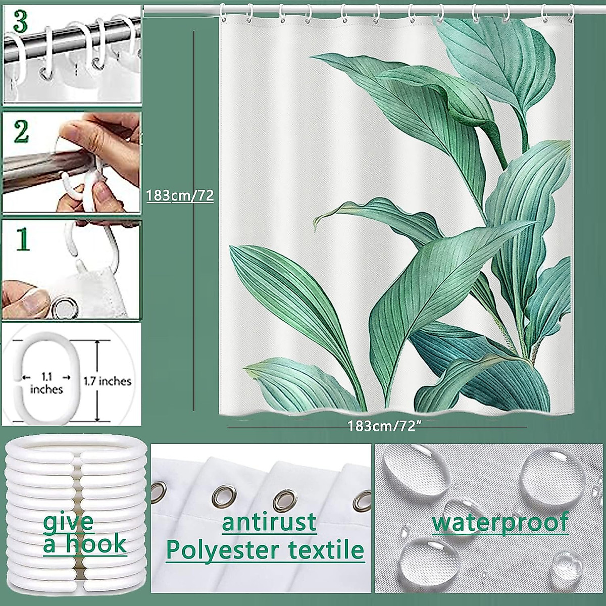 Niidder Floral Shower Curtain, Fabric Shower Curtain White Shower Curtain - 72" W x 72" L with 12 Hooks for Home Hotels Machine Washable Shower Bath Curtain, Waterproof Shower Curtain Lining