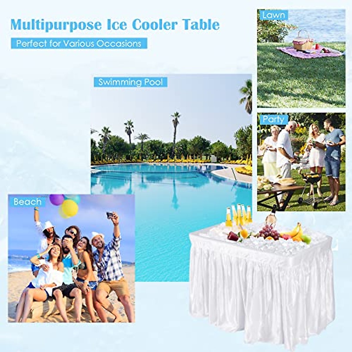 KOTEK Folding Ice Cooler Table with Matching Skirt & Drain Hose, Foldable Beverage Cooler Table Buffet Cooler Server, Portable Chill Table for Party, Picnic, BBQ, Camping
