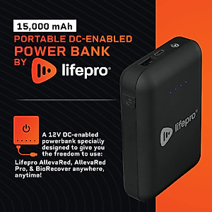 LifePro Portable Powerbank for AllevaRed, AllevaRed Pro, & BioRecover - Long-Lasting 15,000 mAh Compact Battery Pack with USB 3.0 & Special 12V DC Output Port for Use with Your Wellness Gear!