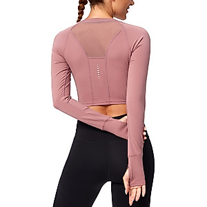 SANTINY Women's Long Sleeve Crop Workout Tops Slim Fit Gym Yoga Running Shirts for Women(B Pink_M)