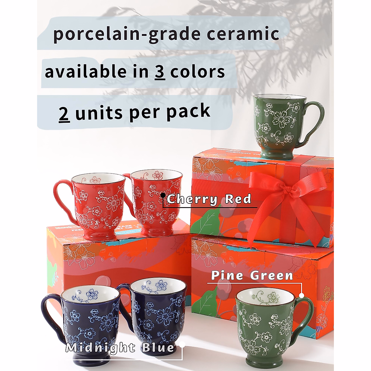 KUNABOO Artisanal Ceramic Mugs, Ceramic Coffee Cups, Coffee Mug Set of 2-11 oz -Sakura Floral Series Midnight Blue - Ready to Wrap Gift