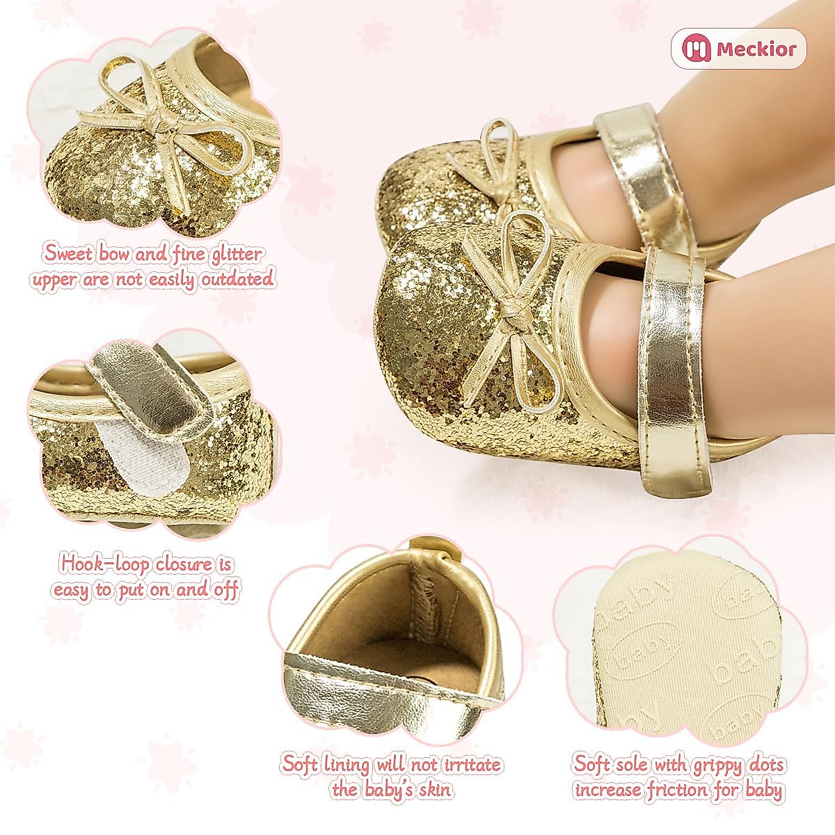 Meckior Infant Baby Girls Soft Sole Bowknot Princess Wedding Dress Mary Jane Flats Prewalker Newborn Light Baby Sneaker Shoes