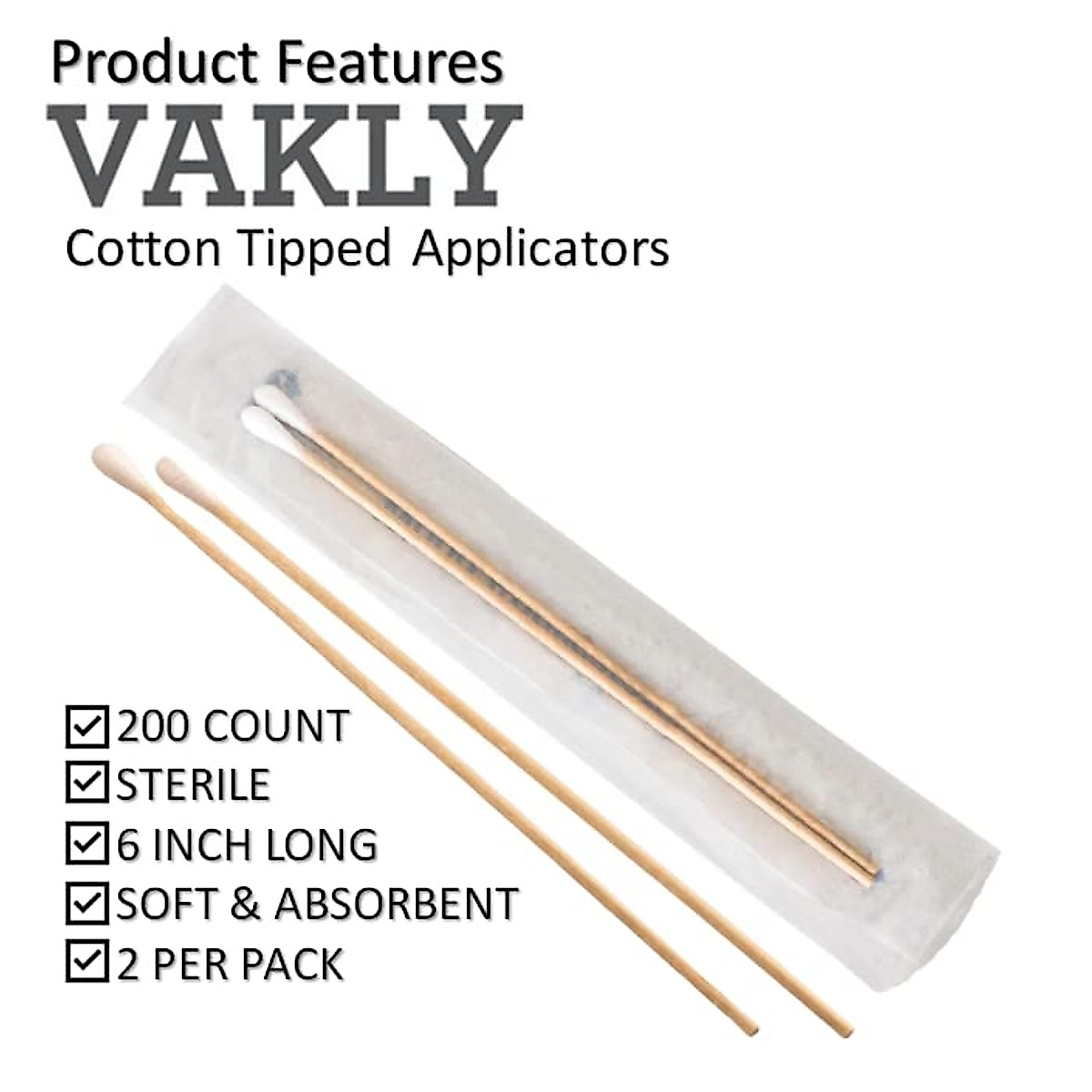 200 Sterile Cotton Tipped Applicators 6’’ - Long 6 inch Wooden Medical Cotton Tip Applicator Swabsticks with Shaft and Soft Swabs for Location Application, Cleaning, Crafts and More