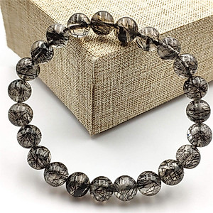 Natural Black Rutilated Quartz Crystal Round Beads Women Men Bracelet 8mm AAAA
