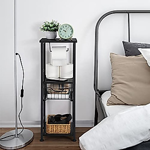 Bathroom Shelf 3 Tier Bathroom Storage Cabinet Freestanding Tower Rack with Drawer Floor Towel Storage Stand with Toilet Paper Hanger Narrow Storage Organizer Rack for Laundry Room Bedroom Black