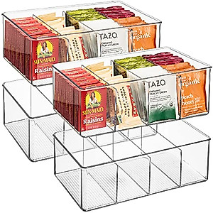 Sorbus Storage Bins with Dividers - Clear Plastic Organizer - Store Tea Bags, Spices, Seasonings, Drink Packets, Oatmeal - Snack Storage & Display Containers for Kitchen & Pantry (4 Pack)