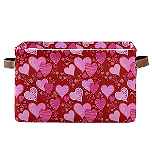 Pink Red Love Heart Storage Basket Fabric Laundry Baskets Happy Valentine's Day Storage Boxes Organizer Bag for Baby Cloth Dog Toy Book Storage Cubes Shelf Closet Bins 16×12×8 Inches