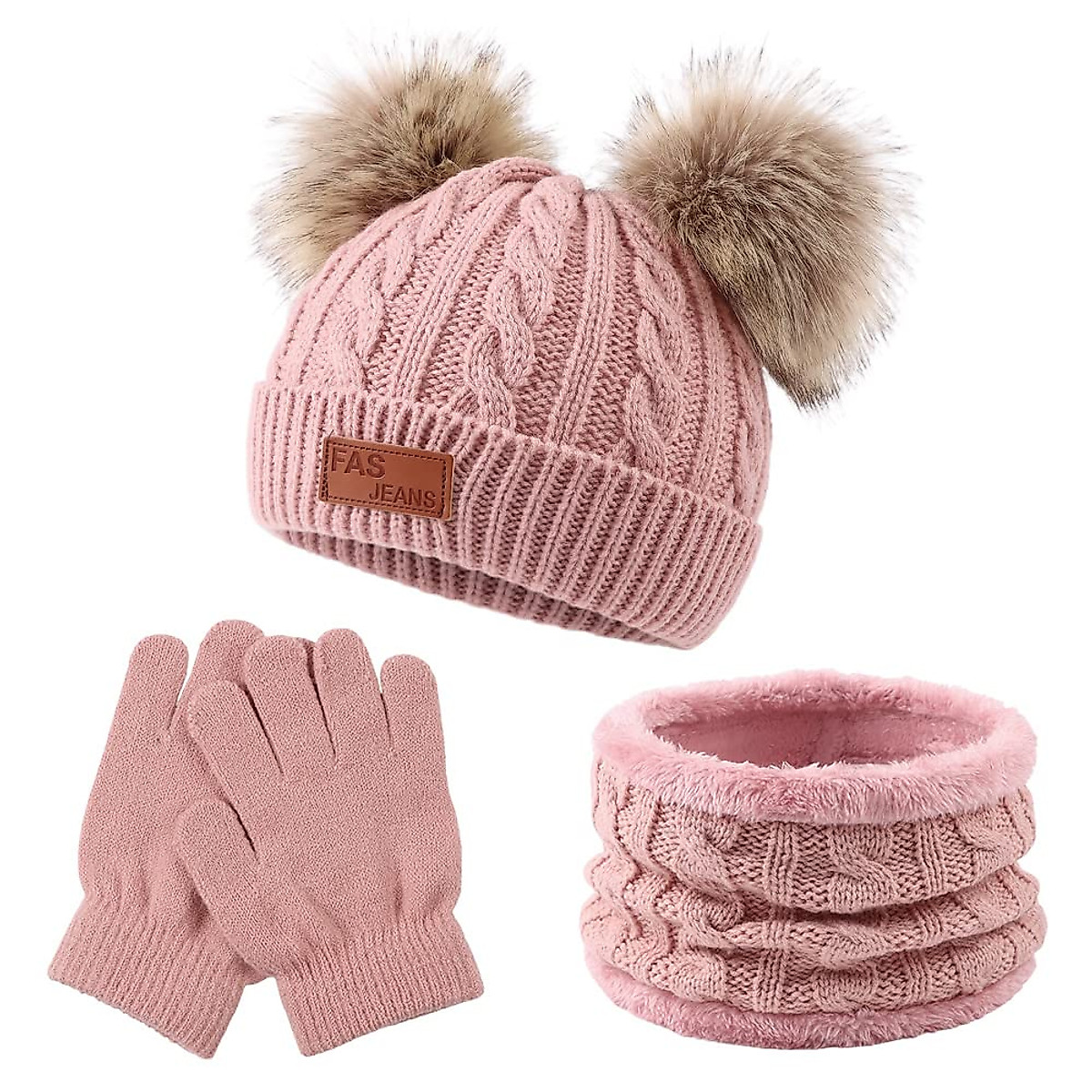 Yuoahcn 3 PCS Kids Winter Beanie Hat Round Scarf Gloves Set Thick Twist Knit Warm Toddler Winter Cap Gloves Neck Warmer for Boys Girls 1-8 Years (Deep Pink)