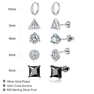 925 Sterling Silver Stud Earrings Set | Round Clear Cubic Zirconia Stud Earrings for Women | 5 Pairs Different Sizes Hypoallergenic Sterling Silver Earring Studs