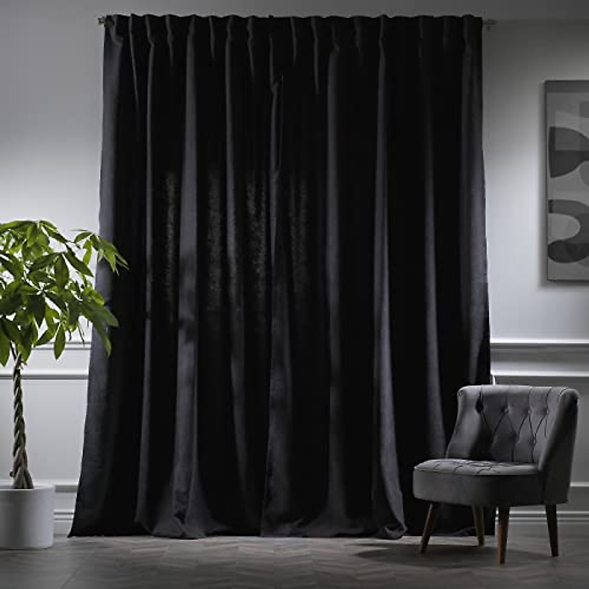 CASANEMA Extra Long Room Darkening 132" Length Faux Velvet Black Curtain Drapes - Hanging Back Tab & Rod Pocket 5-25 Feet Custom Made Curtains Set of 2-Made in Turkey Each(52" Wx132 L)