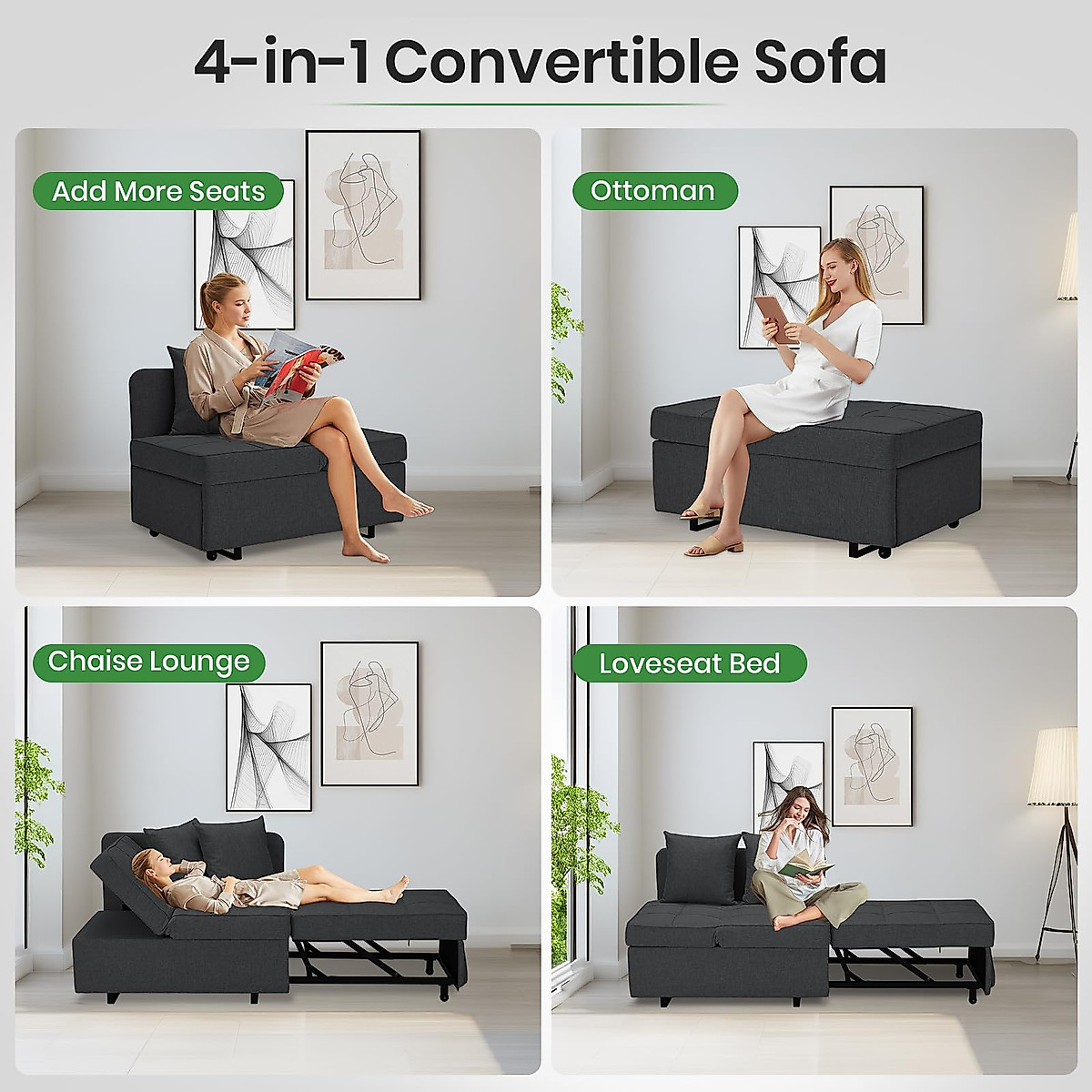 BUPPLEE 4-1 Convertible Sleeper Chair Bed, Sleeping Chairs for Adults, Sleeper Sofa Bed with 2 Pillows & Adjustable Backrest for Small Loft Apartment Office Living Room,Black