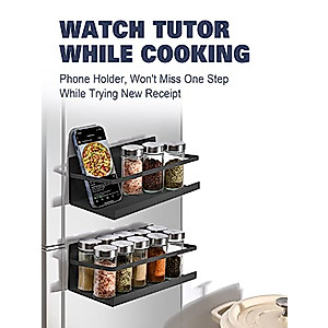 BRONYPRO Magnetic Spice Rack, 2 Pack Magnetic Shelf for Refrigerator, Large Spice Rack, Space Saver for Small Kitchen, Hanging Magnetic Storage With 4 Hooks, for Spices, Plates, Books, Plants（Black）