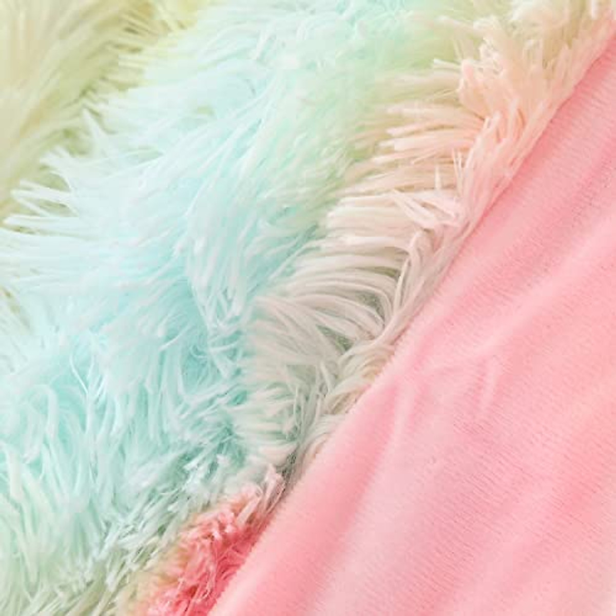 YOU SA Colorful Rainbow Design Shaggy Faux Fur Blanket Ultra Plush Long Hair Decorative Throw Blanket 51''x63'', Rainbow-1