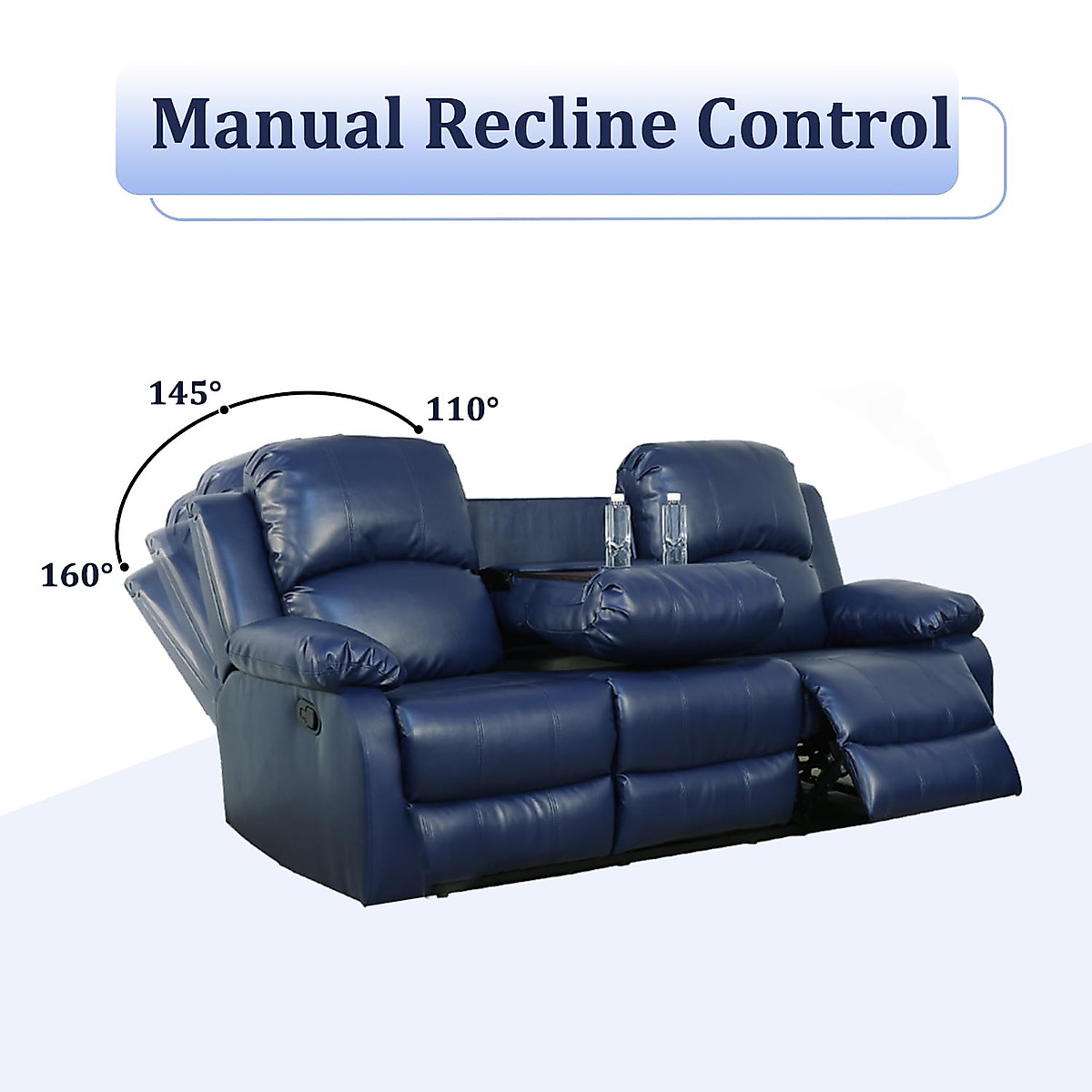 GEBADOL 2 Seaters Recliner Loveseat, Leather Reclining Couch with Cup Holder and Center Console for Living Room/Apartment/Office, Blue