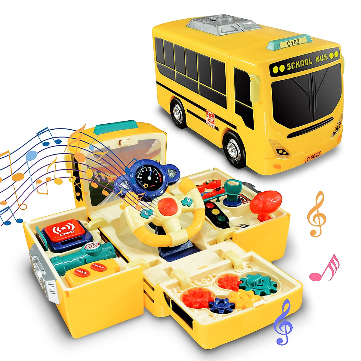 Hi-Tech School Bus Toy with Sound Light for Kids, Simulation Steering Wheel Gear Driving Pull Buses Education Knowledge Gift for Preschool Toddler Boys Girls Age 3 4 5 6 7 8