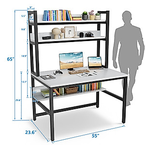 Aquzee Desk with Hutch, 55inch Computer Desks with Shelves, 4 Tiers Gaming Desk with Large Wood Desktop, Metal Legs, Ideal for Storage Study Work Writing Homework, White, 55Wx65Hx23.6D Inches