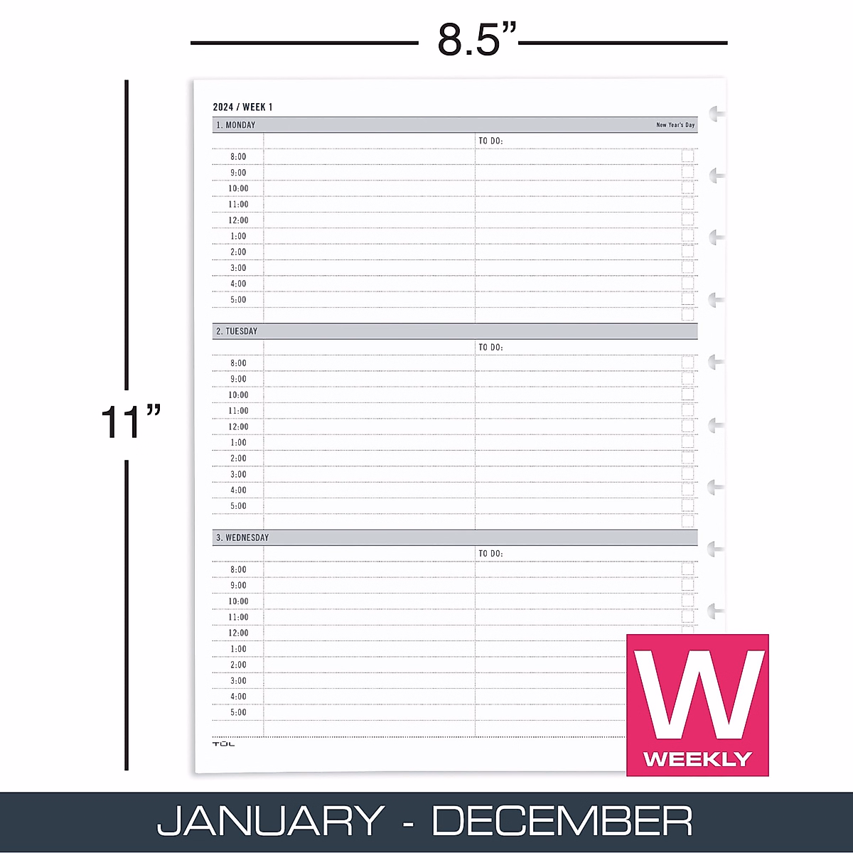 2024 TUL® Discbound Weekly Planner Refill Pages, Hourly Appointment Times, Letter Size, January to December