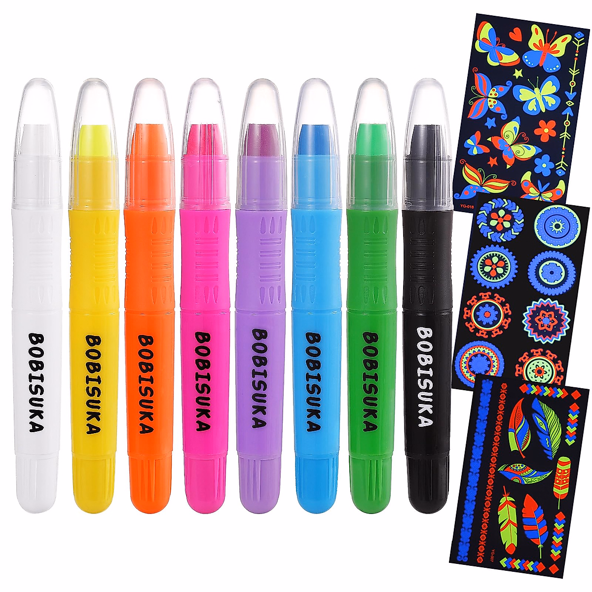BOBISUKA Glow in The Black Light Face Body Paint Stick Kit with Temporary Tattoo Stickers, 8 Color UV Neon Face Painting Crayon Set for Art Theater Halloween Party Cosplay Clown SFX Makeup