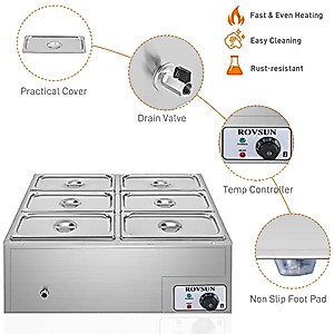ROVSUN 42.3QT 1200W Electric Commercial Food Warmer, 6-Pan Steam Table 6.9 QT/Pan Stainless Steel Bain Marie Buffet Countertop with Temperature Control & Lid for Parties, Catering, Restaurants 110V