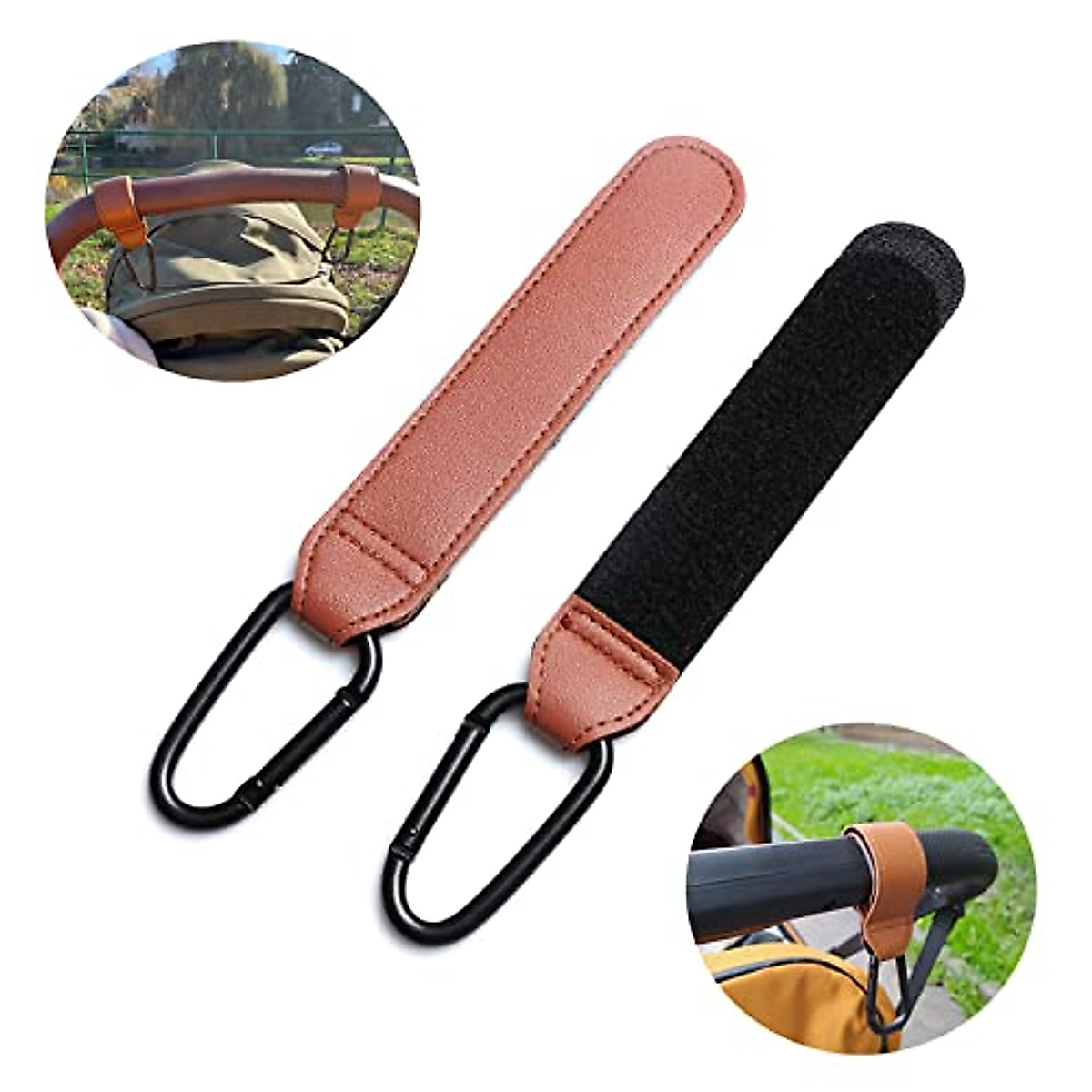 2Pcs Leather Handlebar Cover with Removable Zipper for Bugaboo Cameleon 1 2 3 Plus Pram Accessories and 2Pcs Universal Stroller Hooks for Hanging Bags and Shopping, Brown