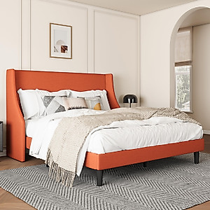 SHA CERLIN Upholstered Bed Frame Queen Size with Streamlined Wingback Headboard, Breathable Linen Fabric, Solid Wooden Slats, Easy Assembly, Orange