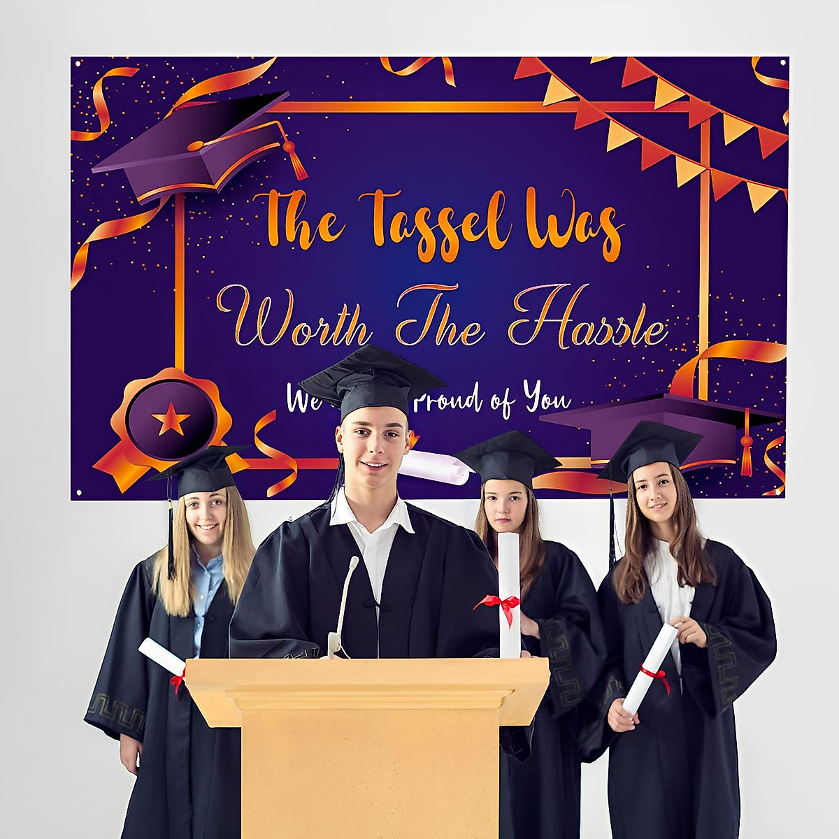 Labakita The Tassel was Worth The Hassle Backdrop, 2023 Graduation Backdrop Decor, College Graduation Party Decorations, We are so Proud of You Sign（Purple）