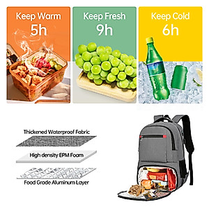 DAILY&DIARY Lunch Backpack, Insulated Cooler Backpack with Lunch Compartment for Men Women Water Resistant Lunch Bag 15.6 Inch Laptop Backpack Durable for Work, School, Camping, Picnics, Grey