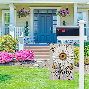 Hello Spring Flower Garden Flag 12x18 Inch Double Sided Burlap Outside, Seasonal Floral Sign Yard Outdoor Small Flags DF237
