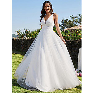 Ever-Pretty Women's Appliques Tulle A-Line V Neck Open Back Wedding Guest Dress White US16