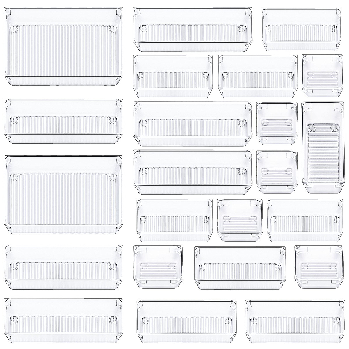 CHEFSTORY 23 PCS Clear Drawer Organizers Set, 4 Sizes Plastic Vanity Drawer Organizers and Storage Bins, Desk Drawer Organizer Trays with Non-slip Silicone Pads for Makeup,Bathroom and Kitchen