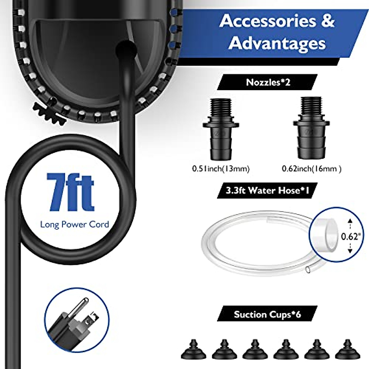 Aoumcom 200GPH Submersible Water Pump, 10W Water Fountain Pump, Aquarium Pump, 750L/H Water Pump with 7ft Power Cord for Garden Fountain, Water Table, Waterfall, Fish Tank, Pond, Hydroponics