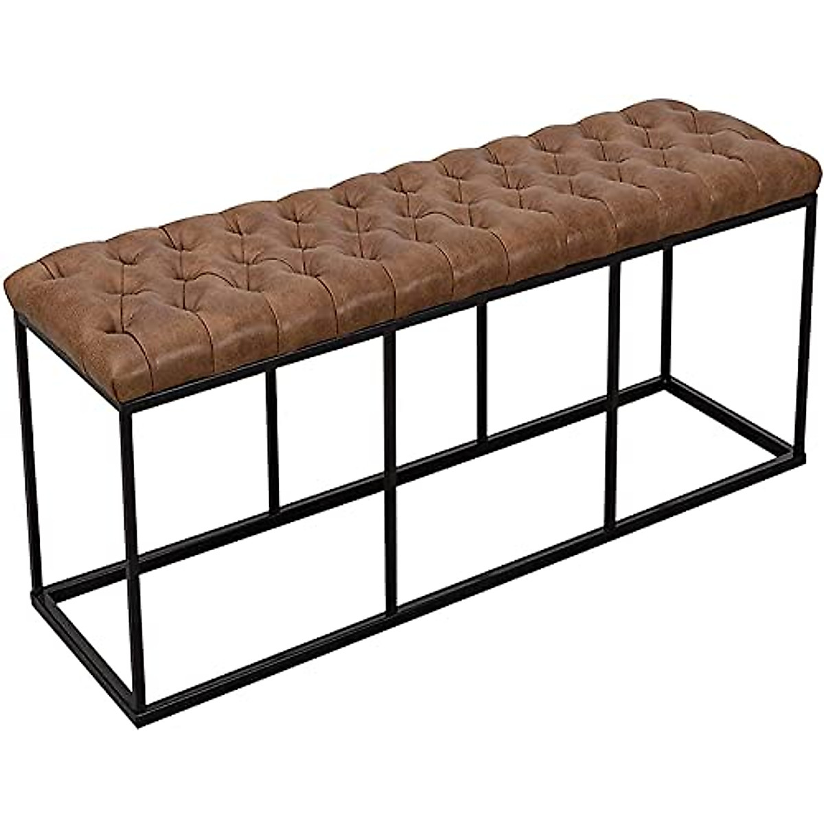 HomePop Faux Leather Button Tufted Decorative Bench with Metal Base, Brown