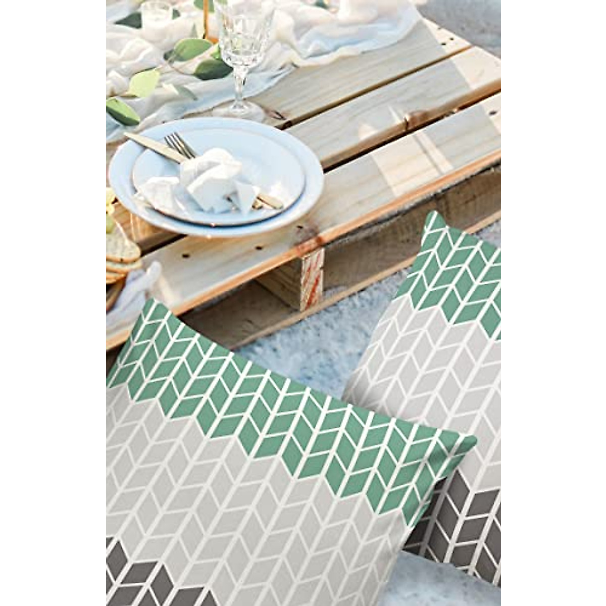 Outdoor Pillows 18x18 Waterproof Outdoor Pillow Covers, Herringbone Geometric Chevron Polyester Throw Pillow Covers Garden Cushion Decorative Case for Patio Couch Decoration Set of 2, Green Grey White