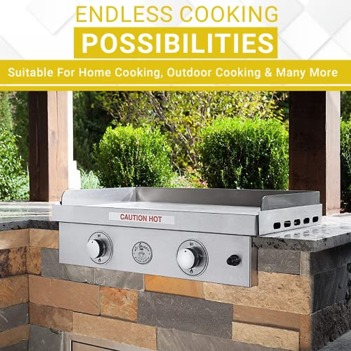 AMS Fireplace Le Griddle |2 Burner Outdoor 304 Stainless Steel Griddle 30 inch | (Natural Gas, Two Burner Griddle)18,000 BTU's Tasty Cooking - Outdoor Clothing Cover Included. Made in France (GFE75)