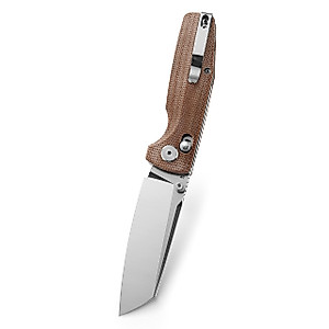 BESTECH KNIVES Pocket Folder Folding Knife: 3.07" D2 Steel Cleaver Stonewashed Blade, Micarta Scales, Thumbstud, B-Lock, EDC Steel Clip, BG43D (Natural)