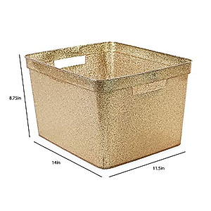 Isaac Jacobs Large Glitter Storage Bin (14” x 11.5” x 8.75”) Set w/Cut-Out Handles, Plastic Organizer, Multi-Functional, Home Storage Solution, Kids Playroom, Bedroom, Closet (2, Gold)