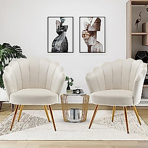Alunaune Mid Century Velvet Living Room Chair Accent Chairs, Upholstered Vanity Chair for Makeup Room, Modern Barrel Arm Chair Guest Leisure Chair Comfy for Bedroom-Ivory
