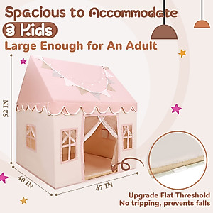 Kids Play Tent with Non-Slip Mat, Star Lights, Decorating Flag, Large Playhouse with 4 Windows, Machine Washable, Indoor and Outdoor Play Tent for Kids, Girls, Pink, 47" x 40" x 52"