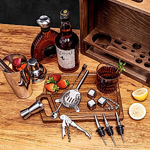 Oyydecor 18 Piece Cocktail Shaker Set with Rustic Pine Stand, Gifts for Men Dad Grandpa,Stainless Steel Bartender Kit Bar Tools Set, Home, Bars, Parties and Traveling (Silver)