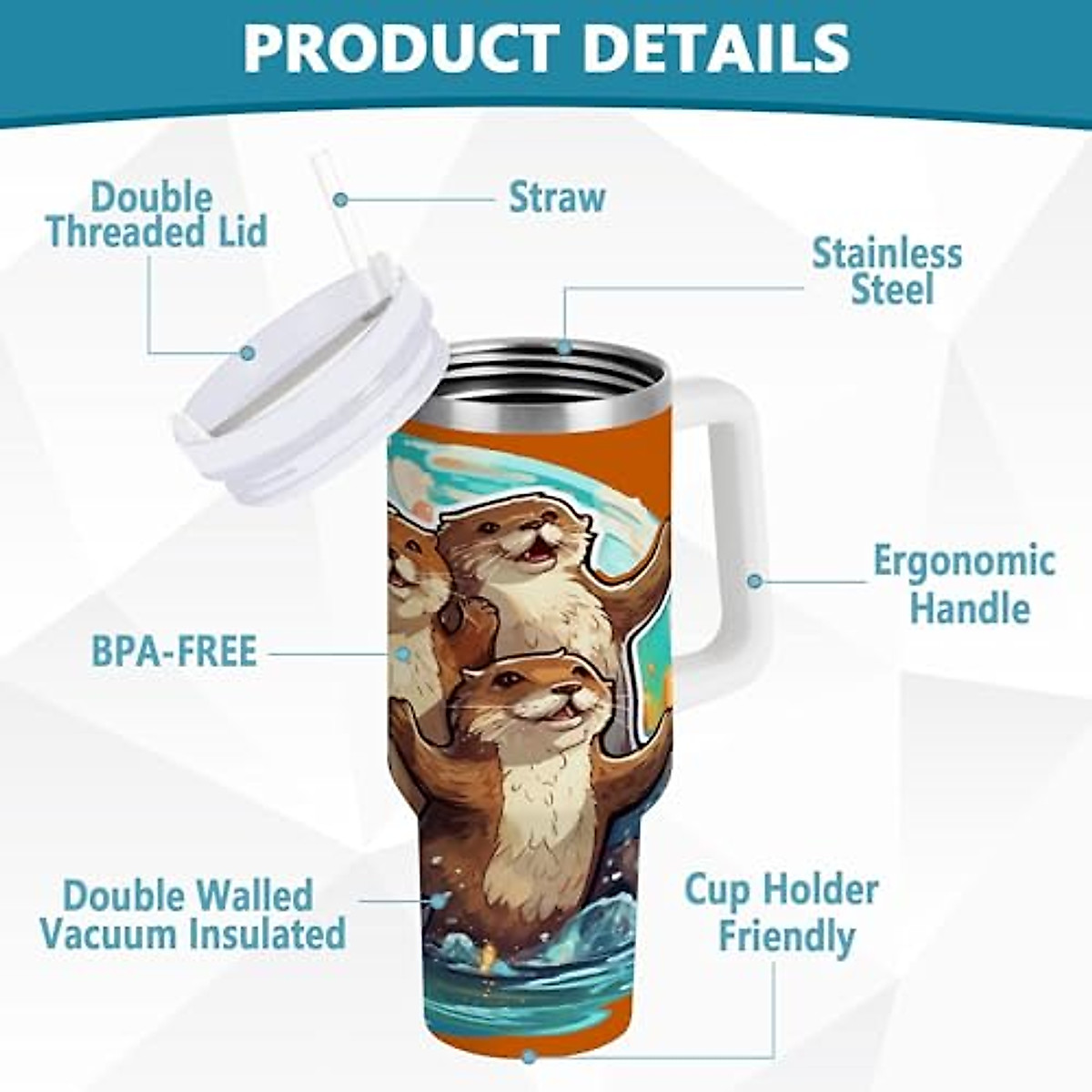 Exnundod 40 oz Tumbler with Handle Cartoon Sea Otters Insulated Stainless Steel Cup with Lid and Straw Travel Cup Leak-proof Fits in Car Cup Holder for Iced & Hot