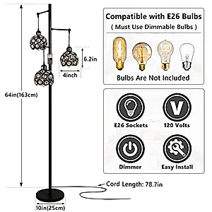Stepeak Dimmable Crystal Floor Lamp, Industrial Farmhouse Floor Lamps for Living Room, 3-Light Black Standing Lamp for Bedroom, Modern Floor Lamp with 3 Lampshades, Rustic Tall Tree Lamp, 64inch, E26