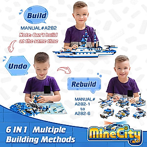 WishaLife 1169 Pieces City Police Station Building Kit, 6 in 1 Military Battleship Building Toy, with Police Cars, Boat, Airplane, Best STEM Construction Toy Gift for Boys and Girls 6-12