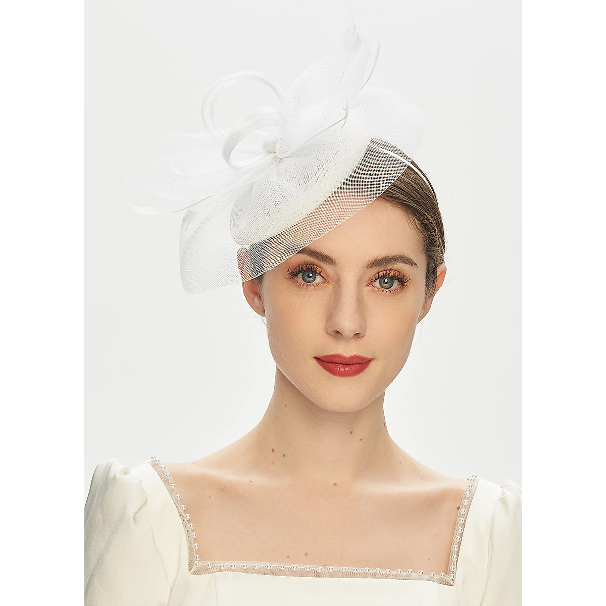 Cizoe Tea Party Fascinator Kentucky Derby Hat Fascinator Pillbox Hat Headband for Cocktail(A-white