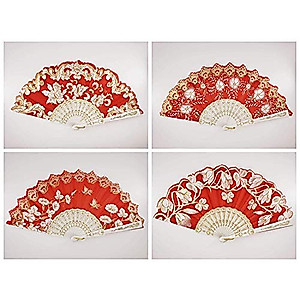 YRP 12 Pc Mix Spanish Style Red and Gold Glitter Floral Pattern Folding Fan for Wedding Party Decor/Sweet 15 favors/Dancing Hand Fan/Table Setting/Wall Decoration/Out Door Wedding/Wedding Gift