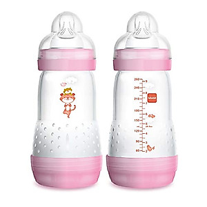 MAM Easy Start Anti-Colic Bottle, Baby Essentials, Medium Flow Bottles with Silicone Nipple, Baby Bottles for Baby Girl, Designs May Vary, 9oz (Pack of 2)