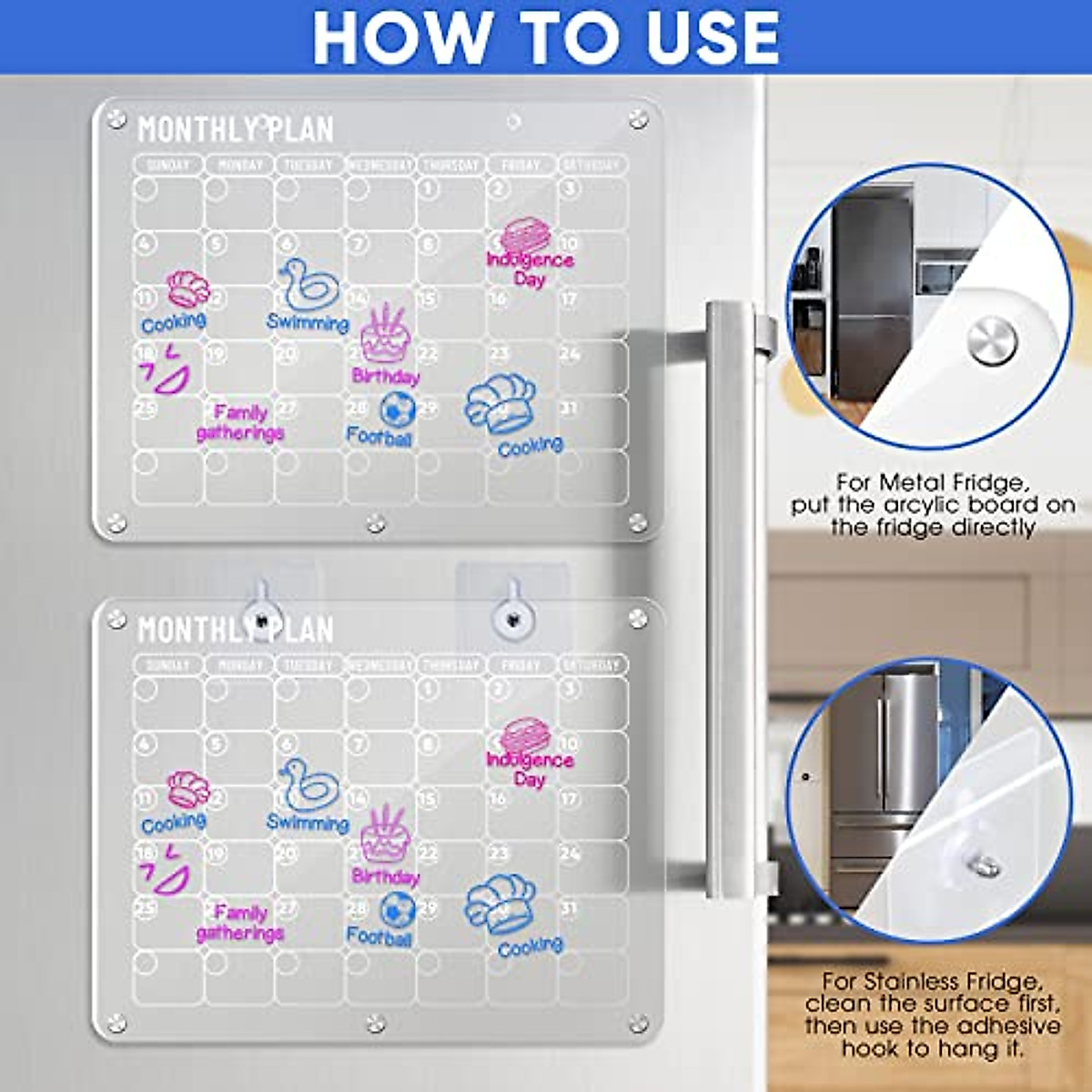 Acrylic Magnetic Dry Erase Board for Fridge 16"X12", Adhesive Monthly Acrylic Calendar Board for Refrigerator/Wall, Clear Acrylic Fridge Calendar White Board with 6 Dry Erase Markers and Eraser